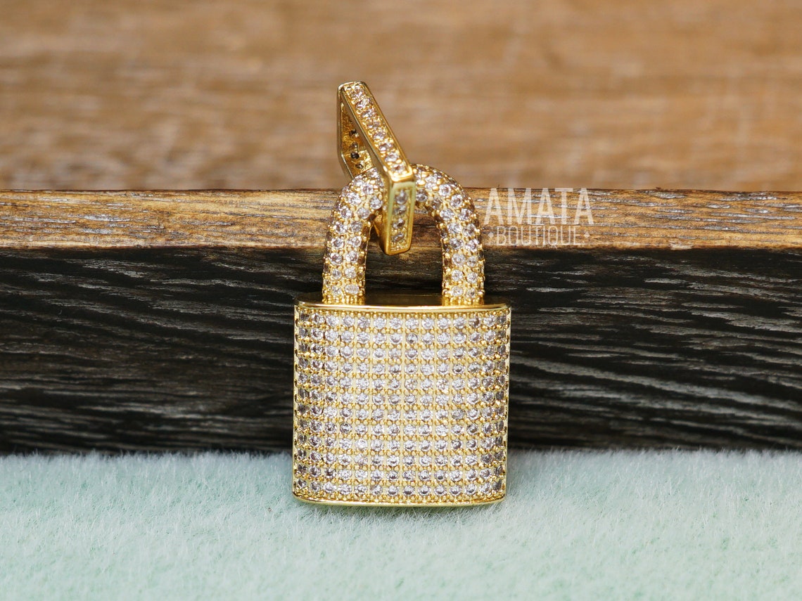 CZ Micro Pave Padlock Pendant, Gold/silver, Cubic Zirconia Pave Lock ...