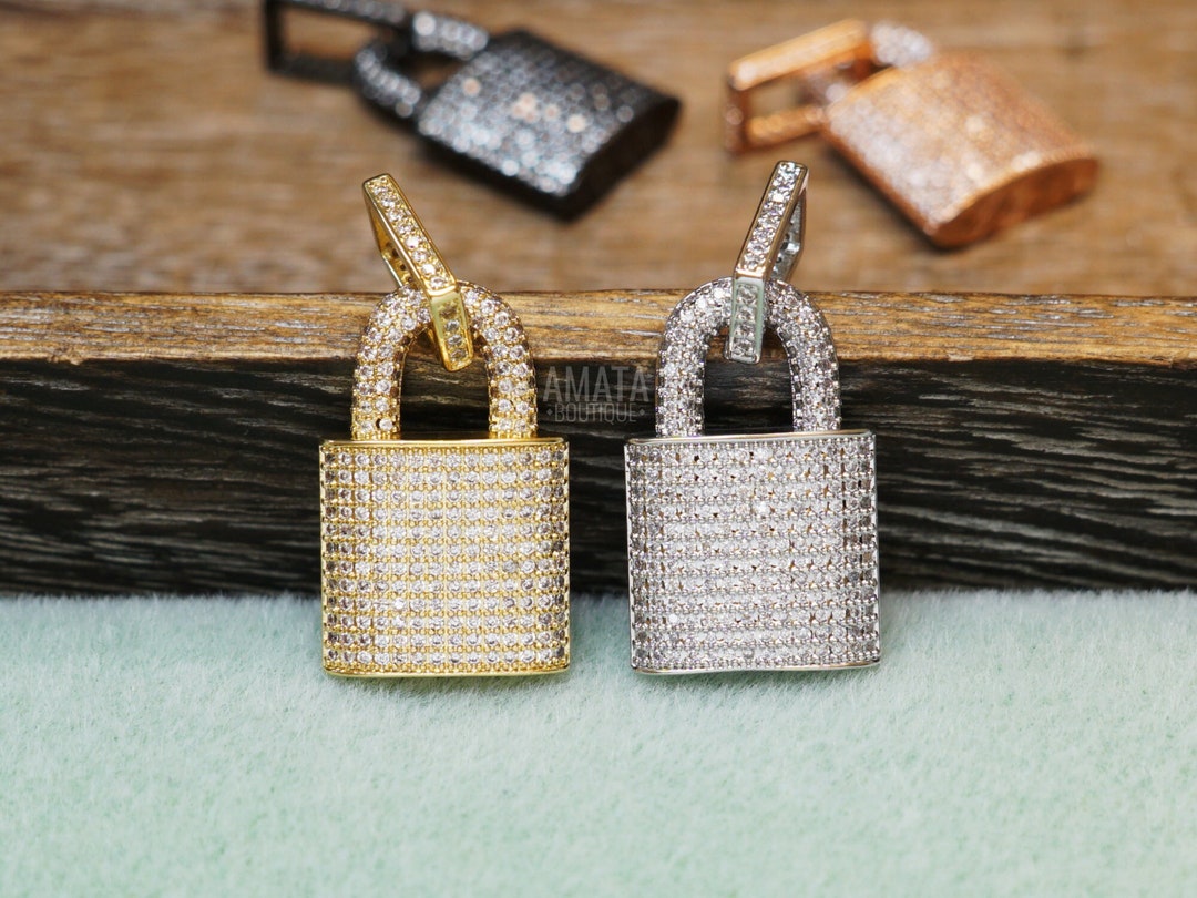 CZ Micro Pave Padlock Pendant, Gold/silver, Cubic Zirconia Pave Lock ...