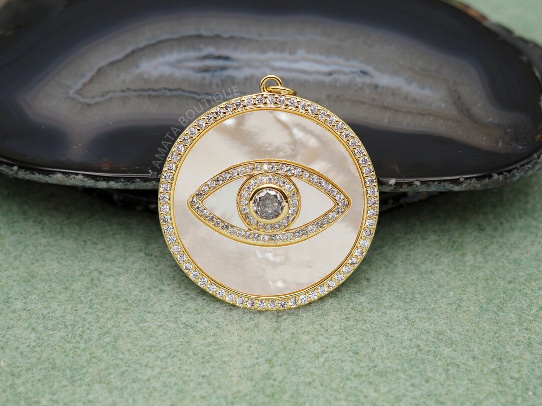 CZ Shell Pearl Gold Evil Eye Charm, Eye Round Coin Pendant, 35mm - Etsy