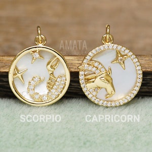 CZ Shell Pearl Gold Zodiac Sign Medallion Charm, Astrological Round ...