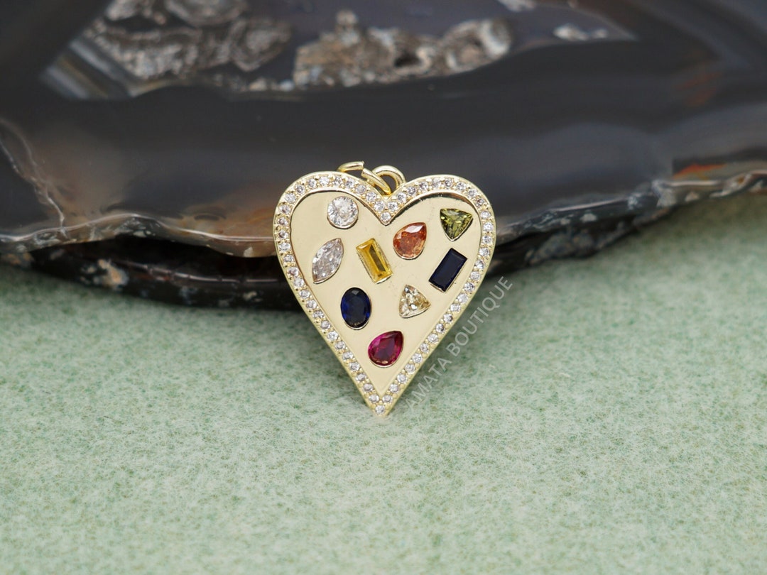 CZ Pave Heart Pendant, Multi Gems, Cubic Zirconia Pave Heart Charm ...