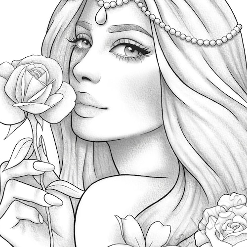 Adult Coloring Page Fantasy Floral Girl Portrait Etsy Israel