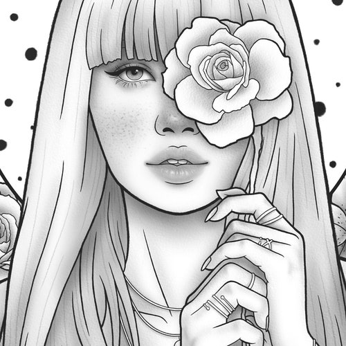 Printable Coloring Page Fantasy Floral Girl Portrait Wearing Etsy