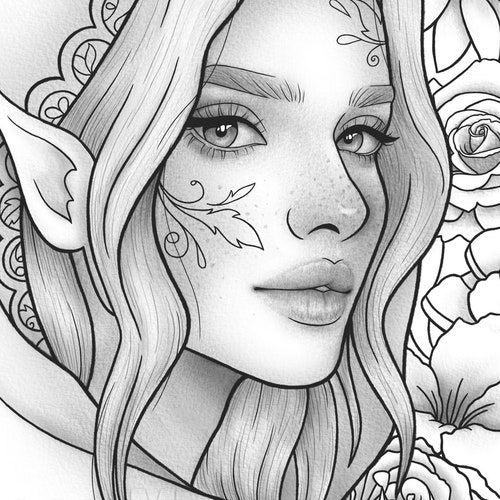Printable Coloring Page Fantasy Floral Girl Portrait Etsy
