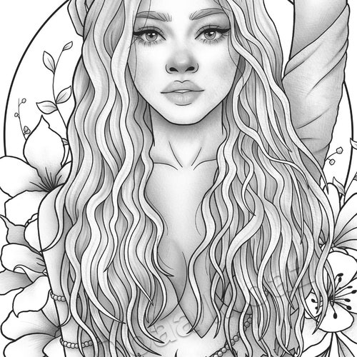 Printable Coloring Page Fantasy Character Girl Floral - Etsy Israel