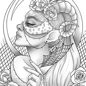 Printable Coloring Page Fantasy Floral Girl Mask Portrait - Etsy
