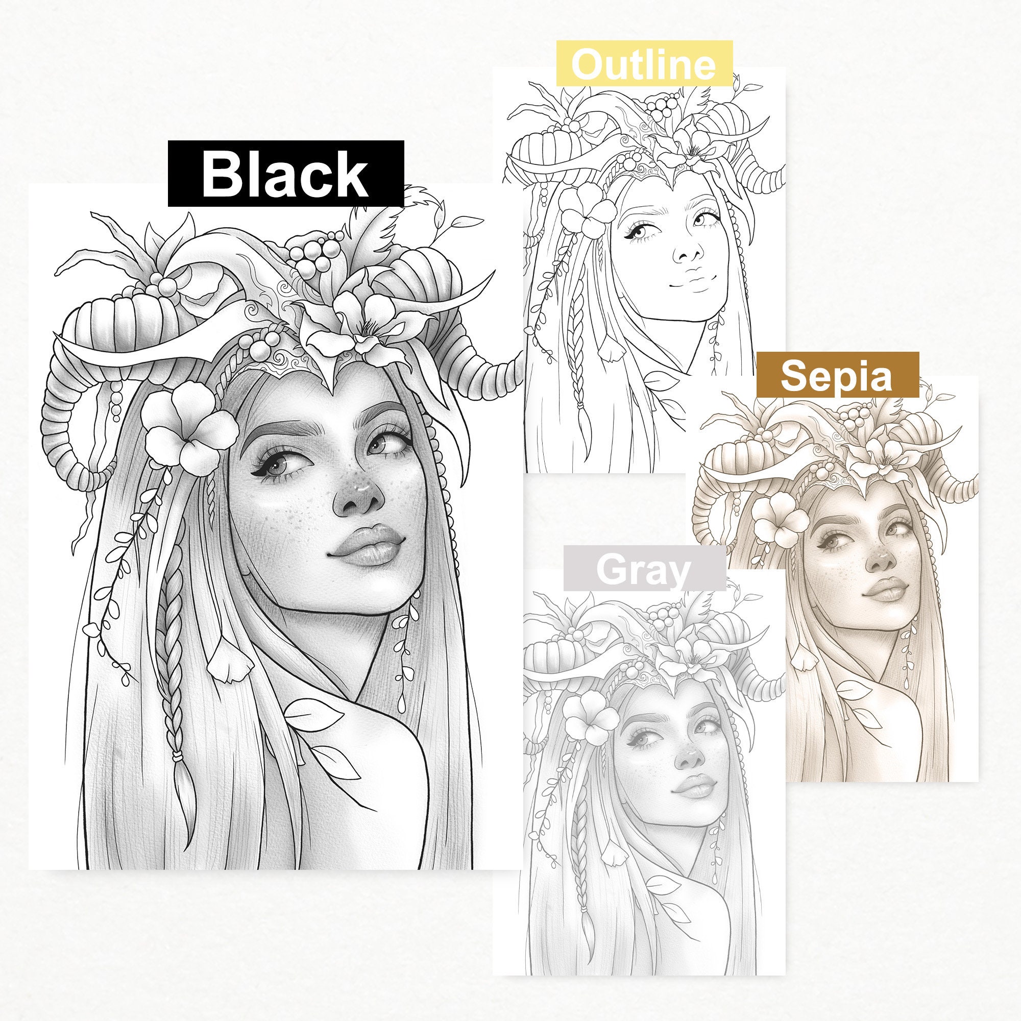 Printable Coloring Page Fantasy Floral Girl Portrait Etsy Sweden