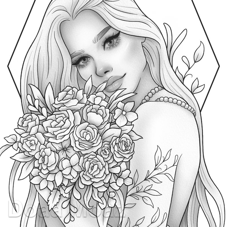 Printable Coloring Page Fantasy Character Girl Floral Etsy Uk