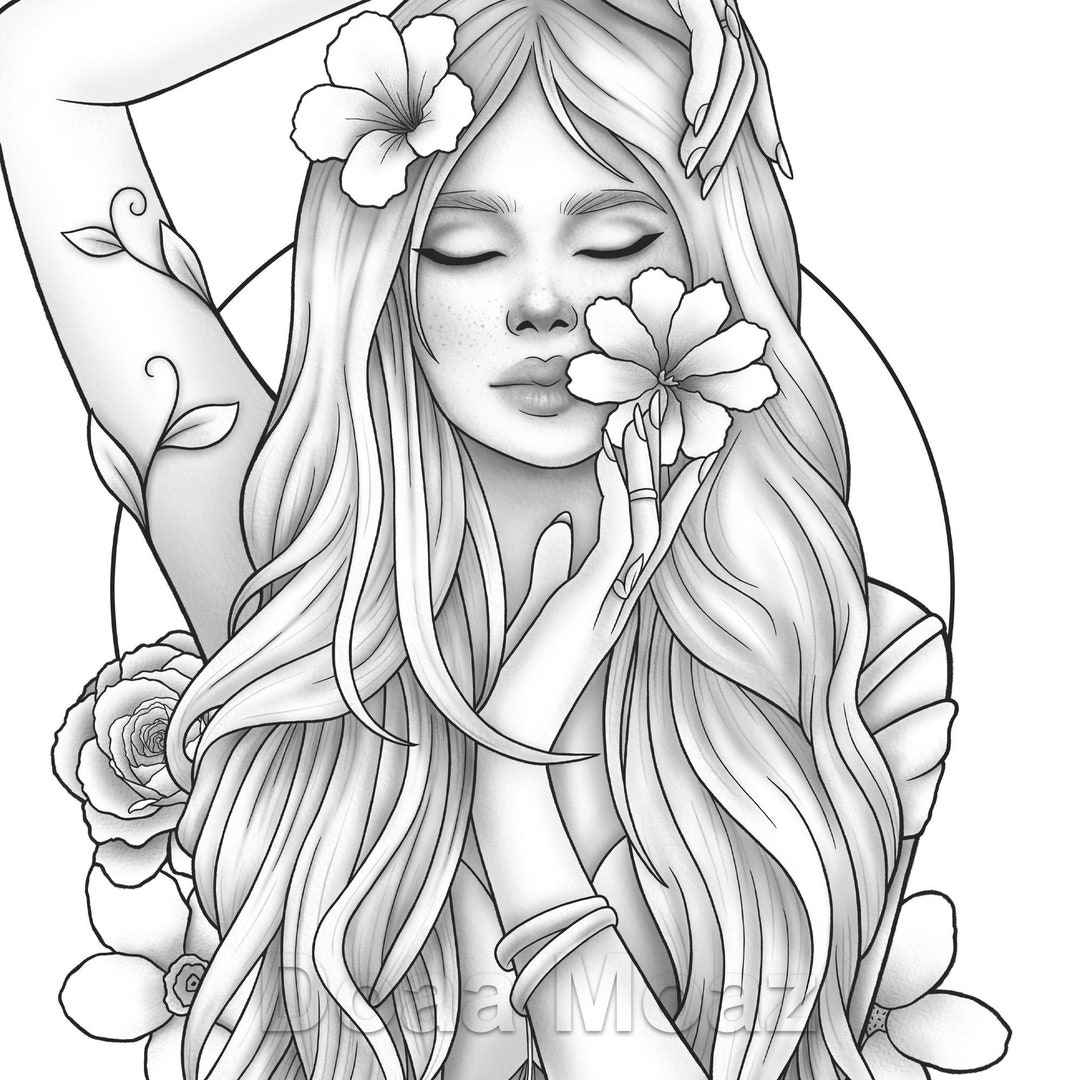 Printable Coloring Page Fantasy Character Girl Floral Portrait Etsy