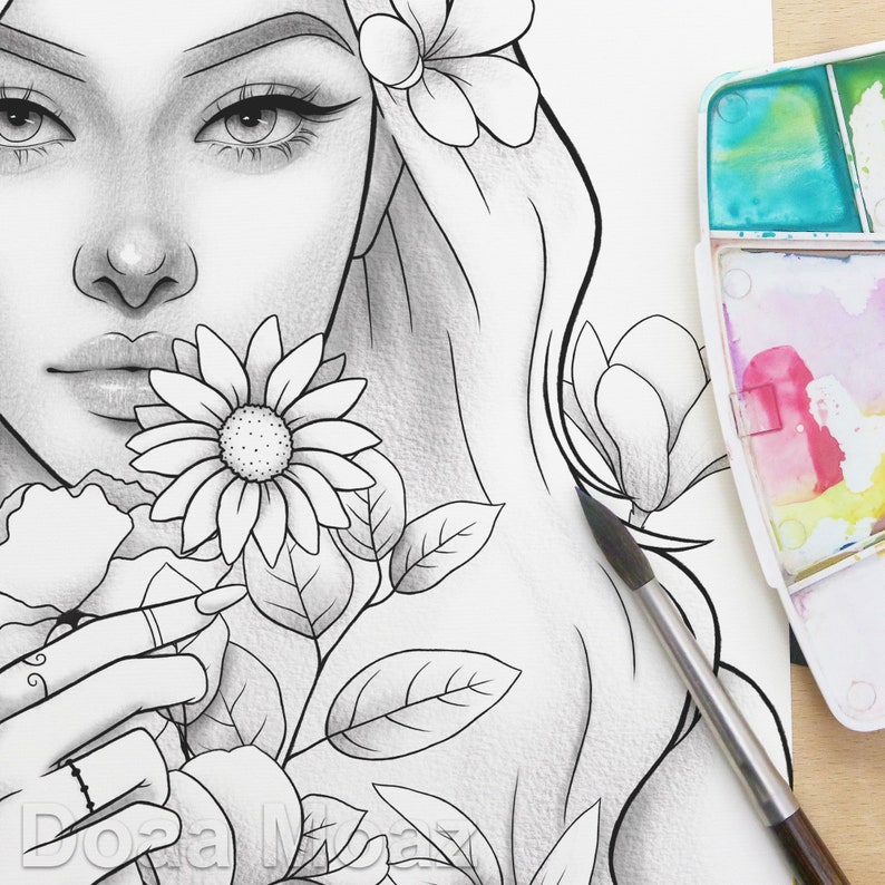 Printable Coloring Page Fantasy Floral Girl Portrait Etsy Finland