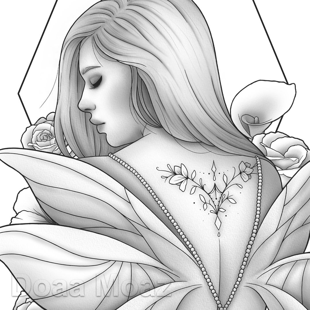 Printable Coloring Page Fantasy Character Girl Wings Portrait Etsy