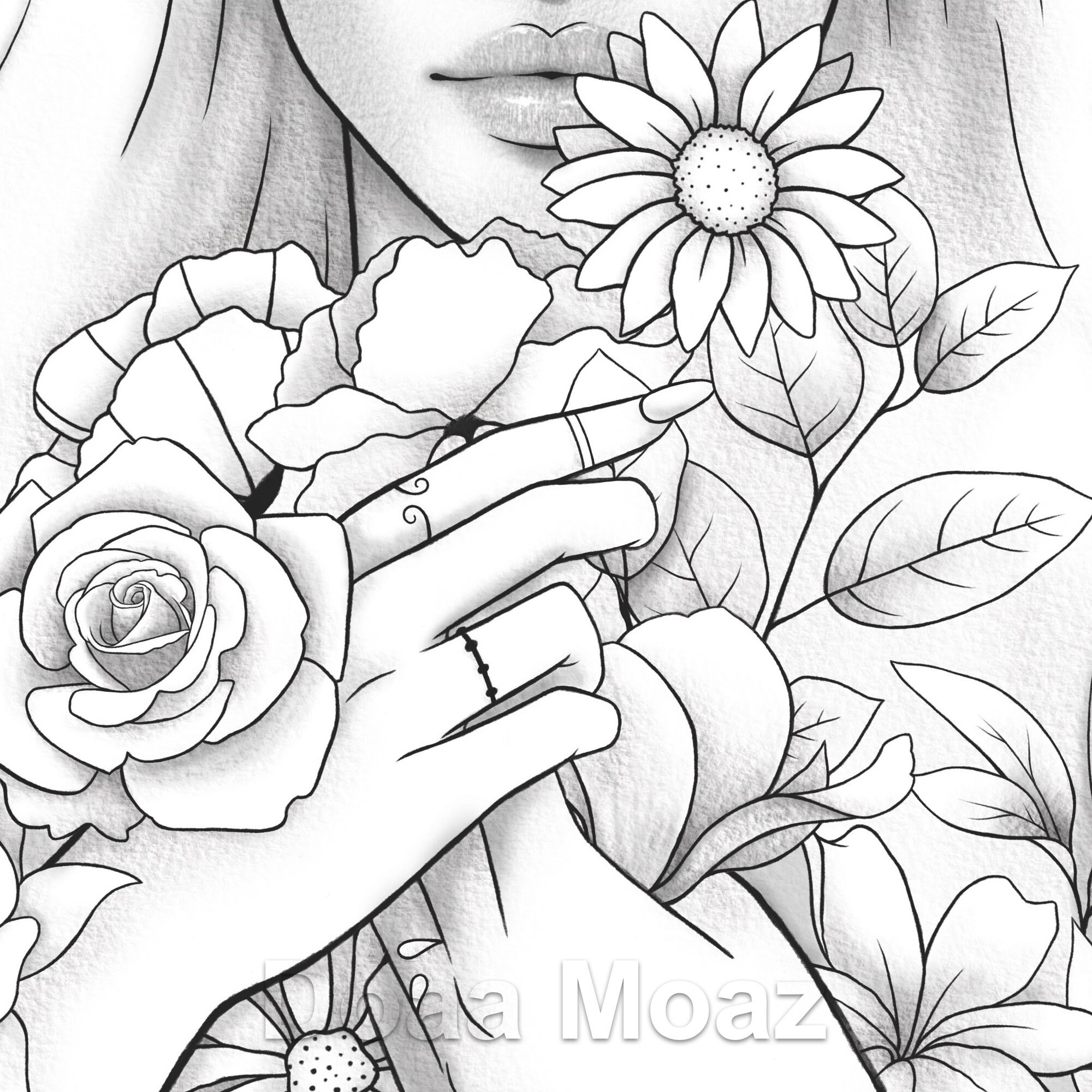 Printable Coloring Page Fantasy Floral Girl Portrait Etsy