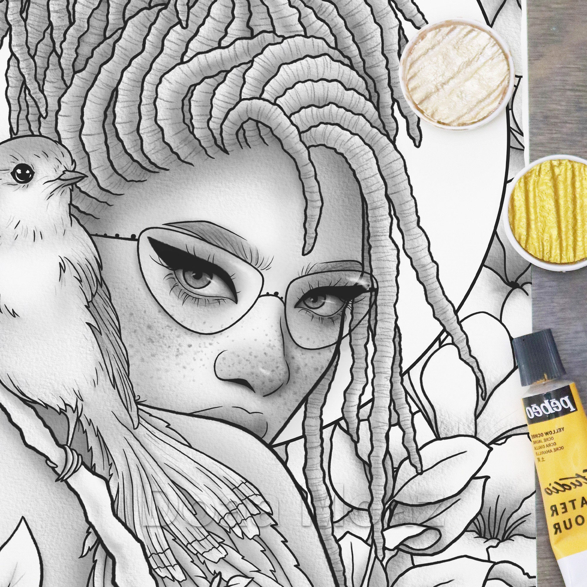 Printable coloring page Black girl dreadlocks floral | Etsy