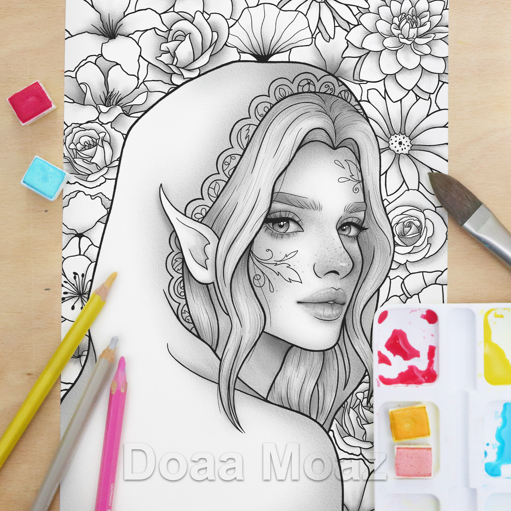 Printable Coloring Page Fantasy Floral Girl Portrait Etsy Canada