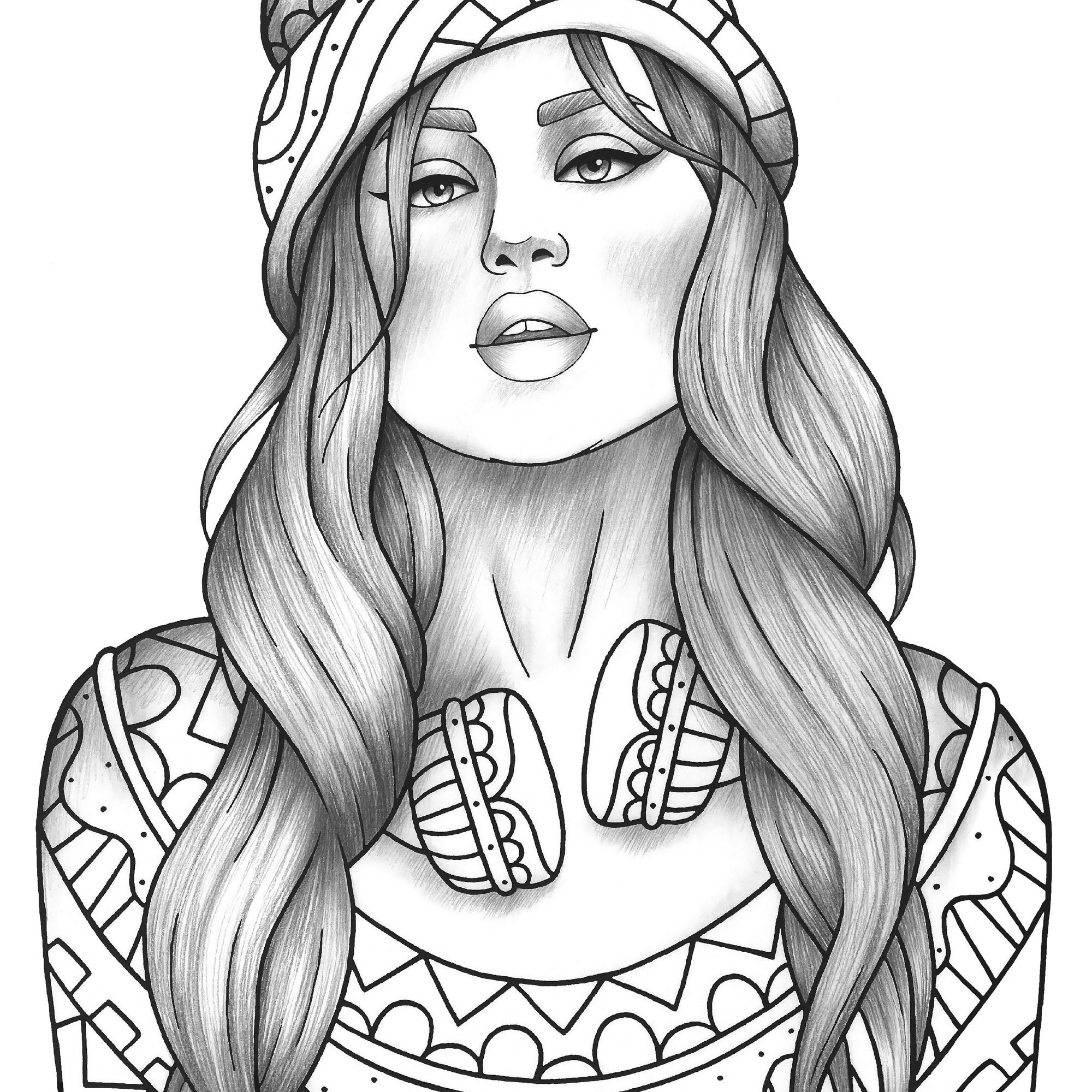 Adult Coloring Page Girl Portrait With Headphones And Knitted Etsy España