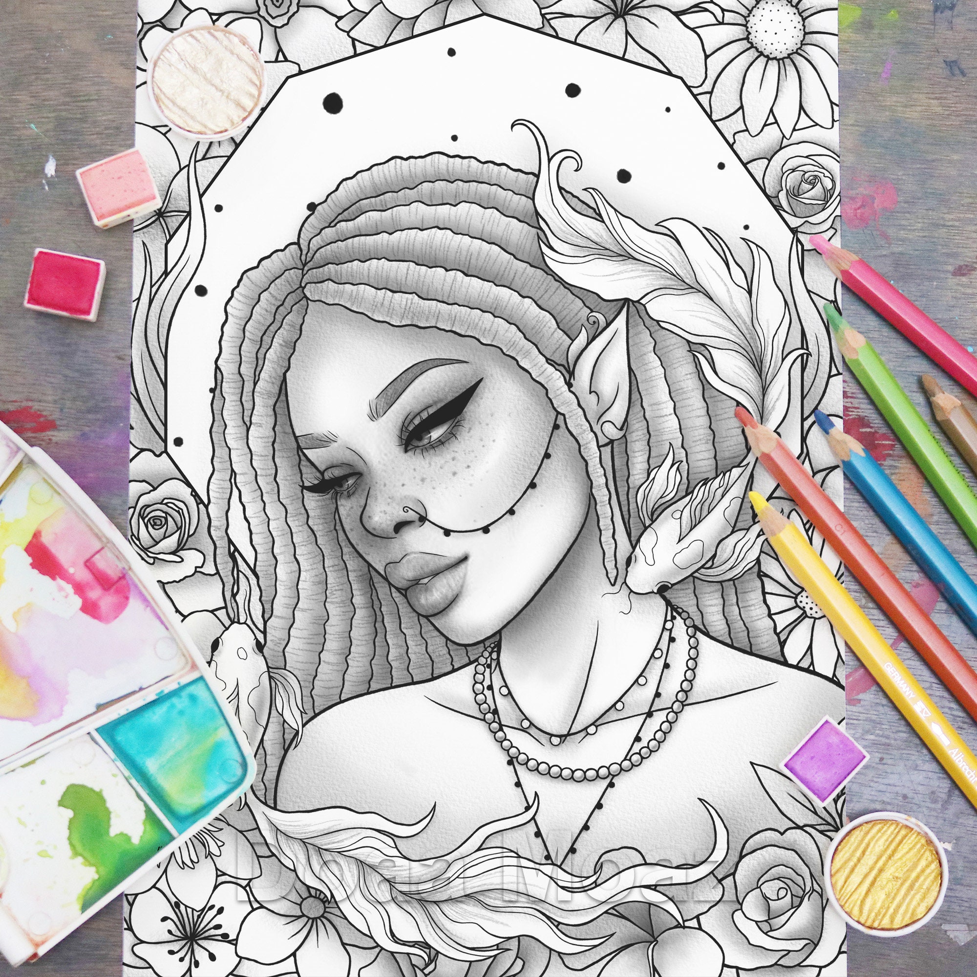 Printable Coloring Page Black Girl Dreadlocks Floral - Etsy Hong Kong