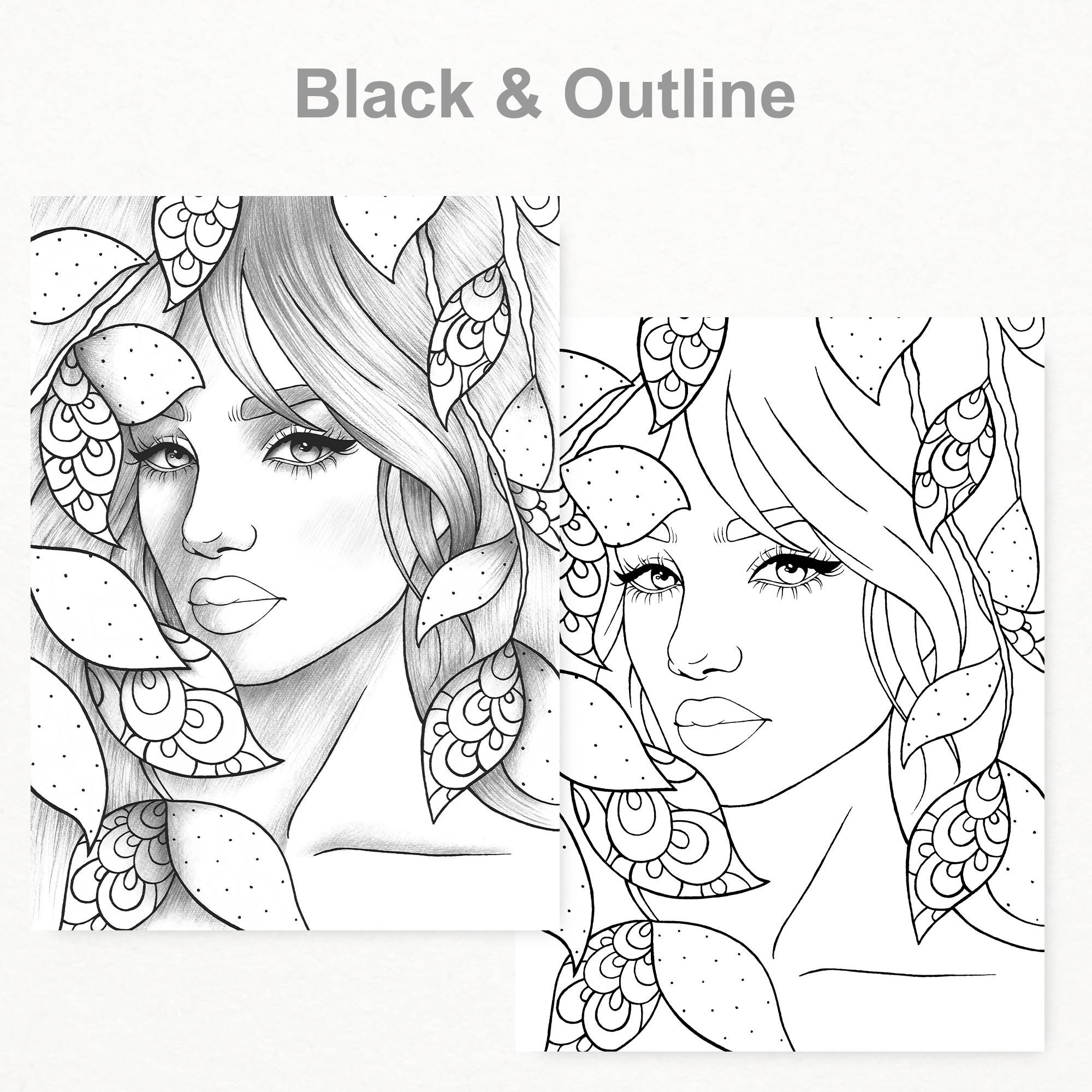 Adult coloring page girl portrait and leaves colouring sheet | Etsy