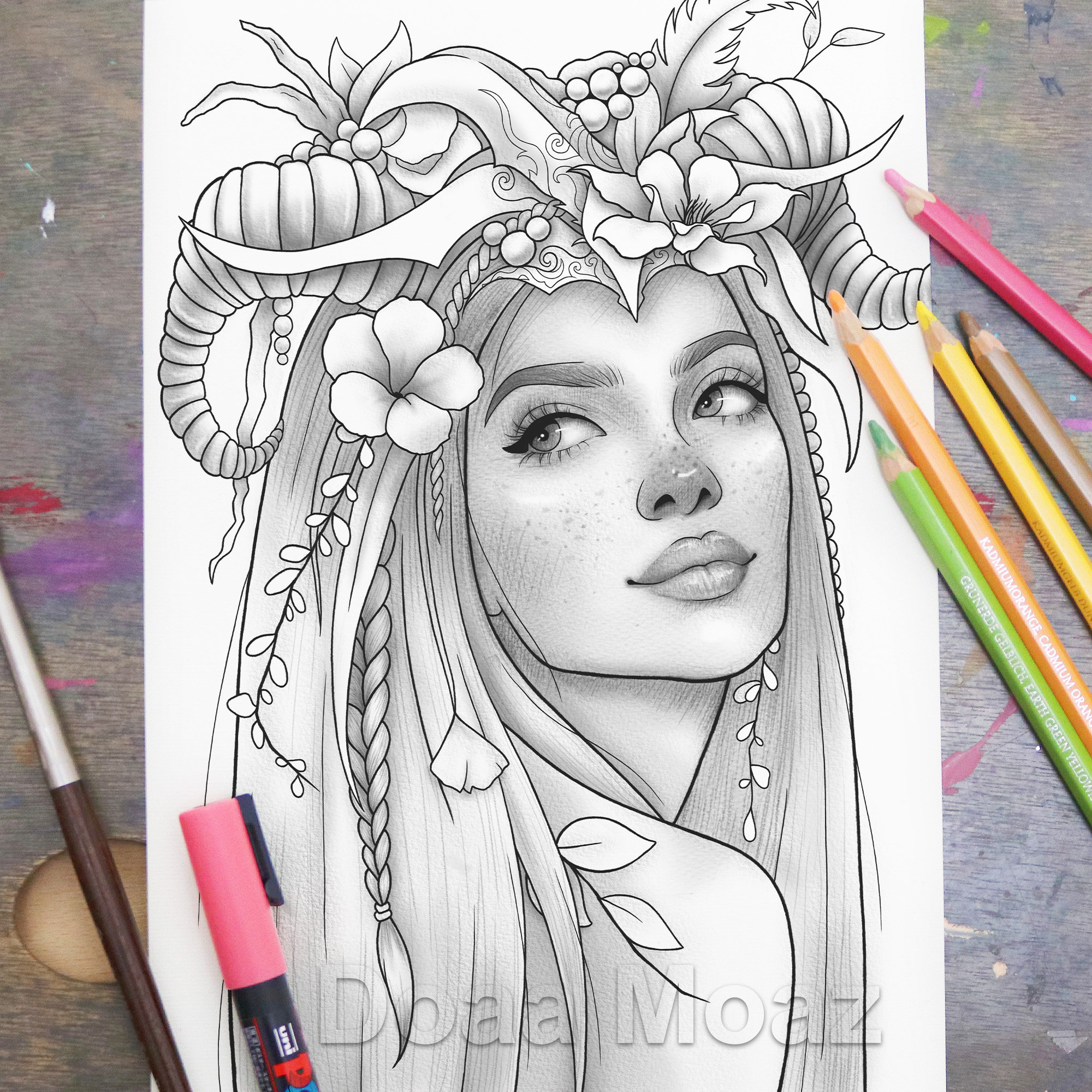 Printable Coloring Page Fantasy Floral Girl Portrait Etsy Sweden