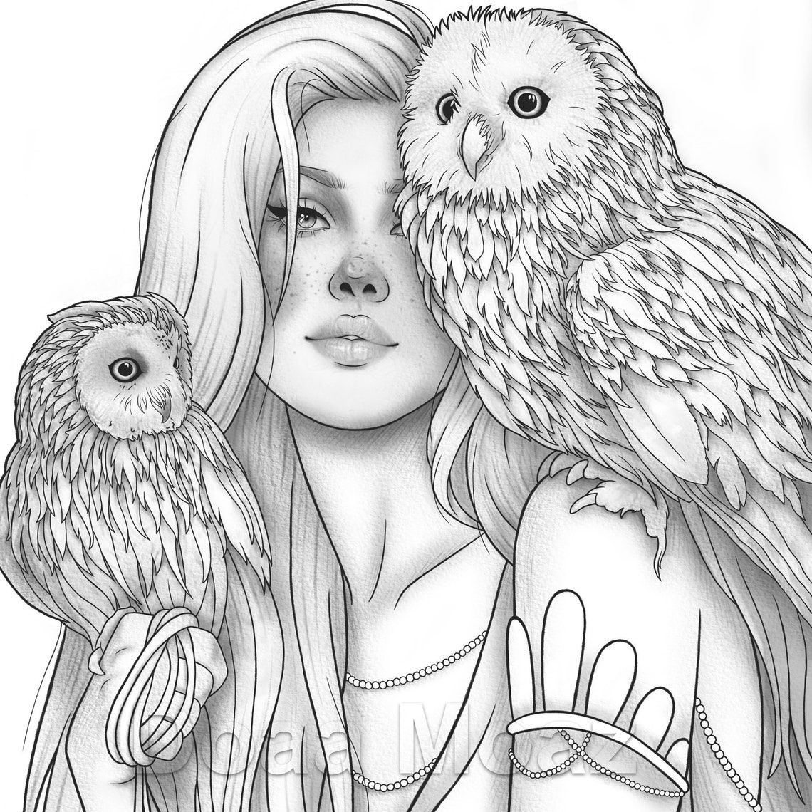 Adult Coloring Page Fantasy Girl Owls Portrait Etsy