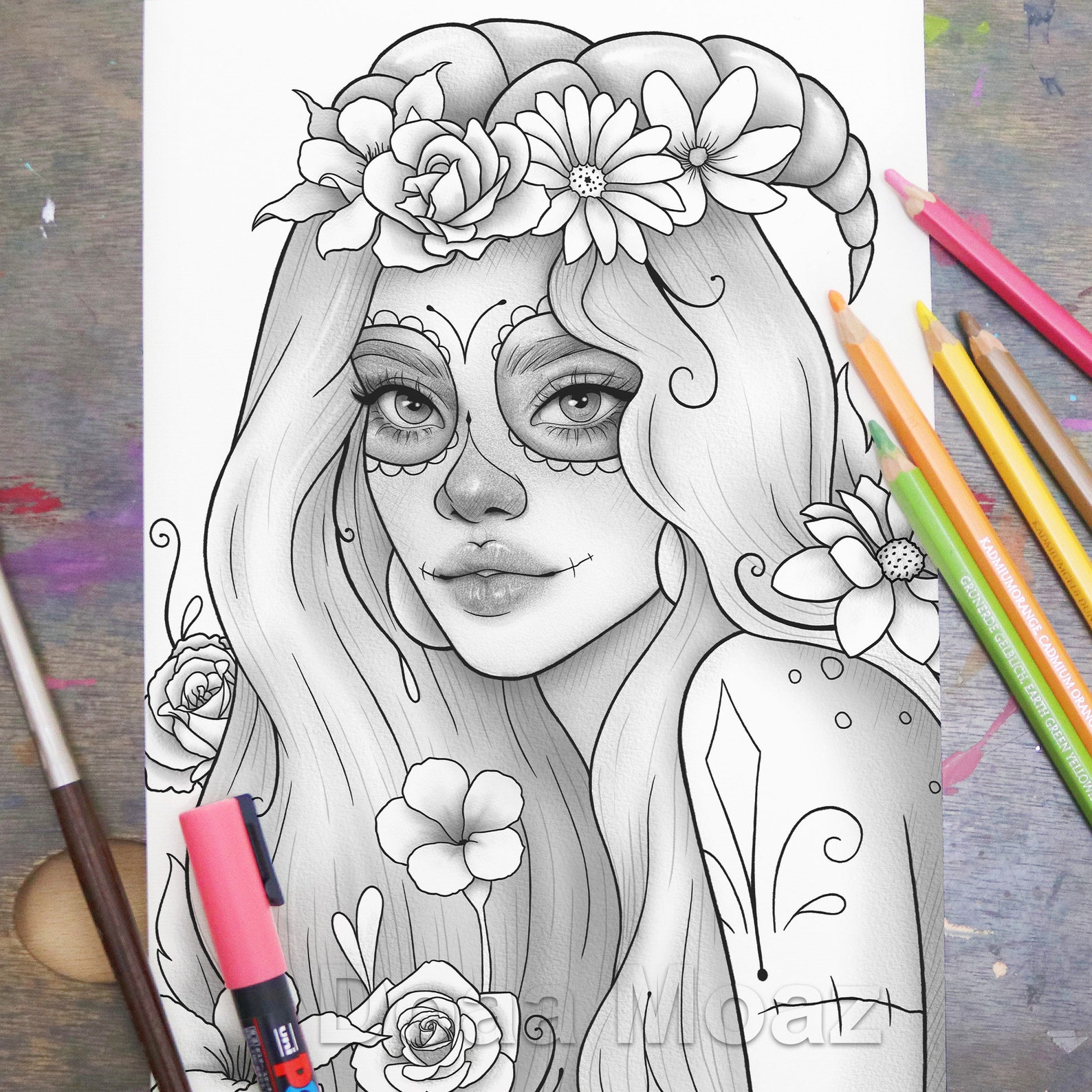 Printable Coloring Page Fantasy Floral Girl Portrait Etsy