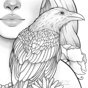 Adult coloring page Fantasy girl bird portrait | Etsy