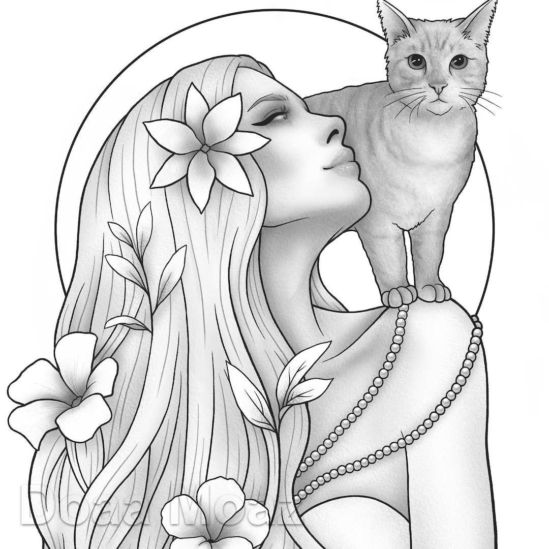 Printable Coloring Page Fantasy Character Girl Cat Floral Portrait Etsy