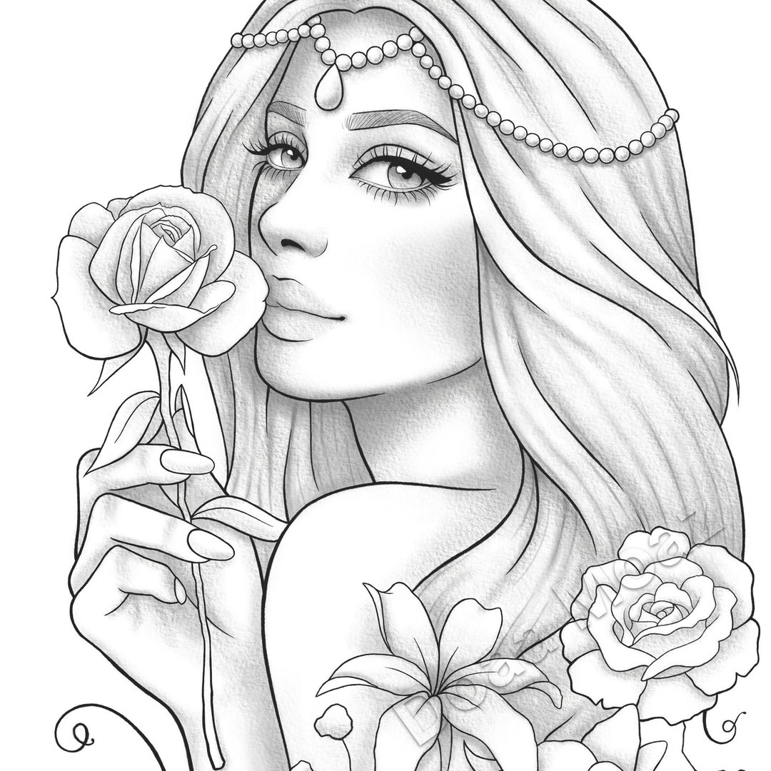 Adult Coloring Page Fantasy Floral Girl Portrait Etsy