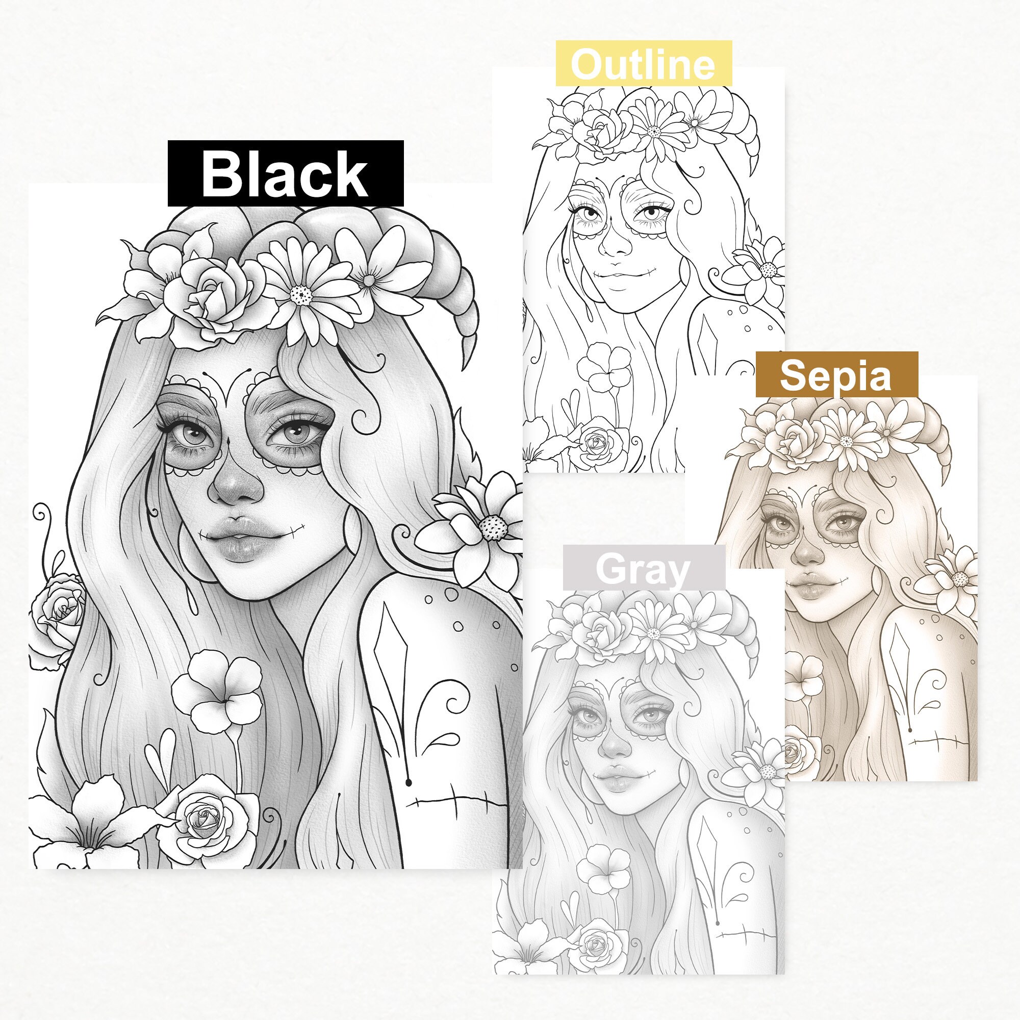 Printable Coloring Page Fantasy Floral Girl Portrait Etsy