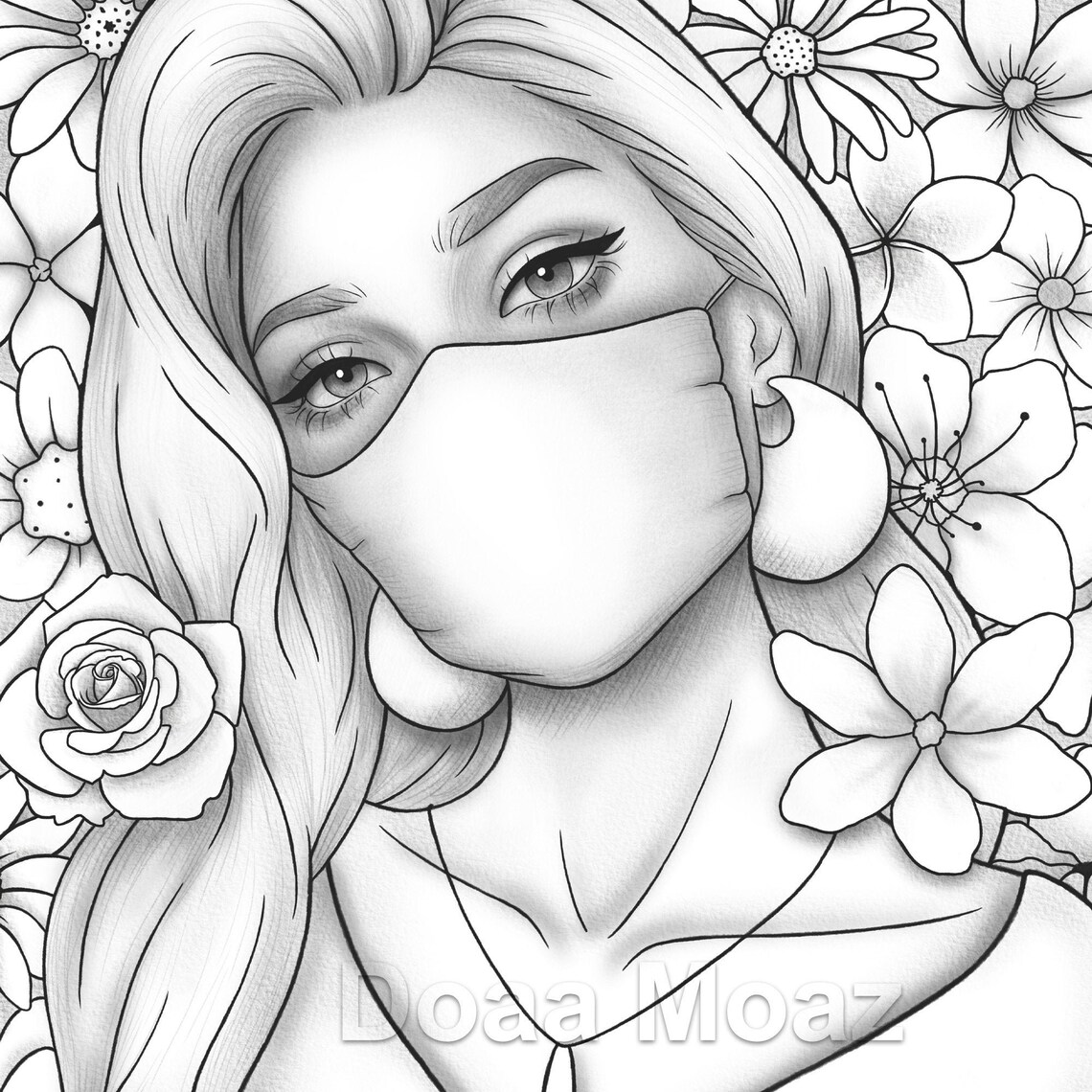 Printable Coloring Page Fantasy Floral Girl Portrait Wearing Etsy