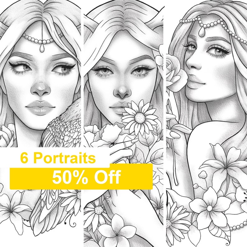 Adult Coloring Book 6 Grayscale Fantasy Portraits Etsy