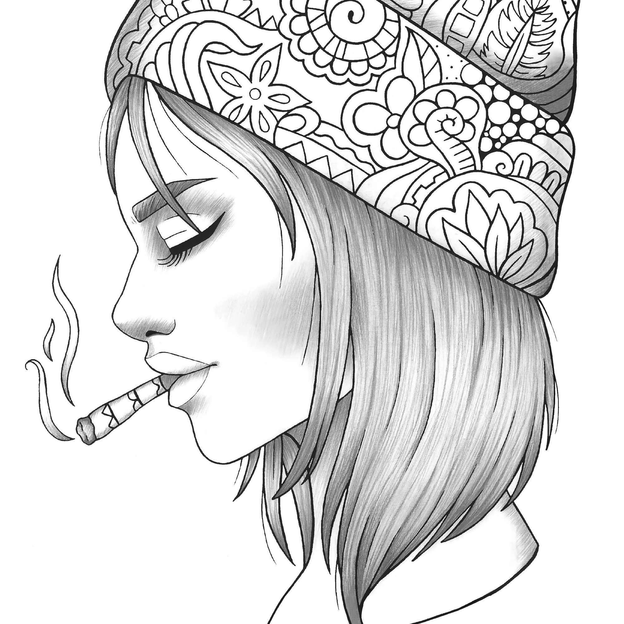 Adult Coloring Page Girl Portrait With Knitted Cap Colouring Etsy Sweden