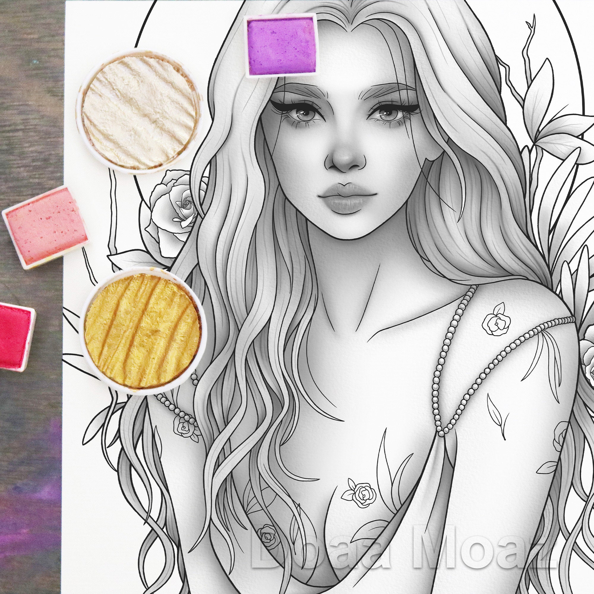 Printable Coloring Page Fantasy Character Girl Floral Etsy