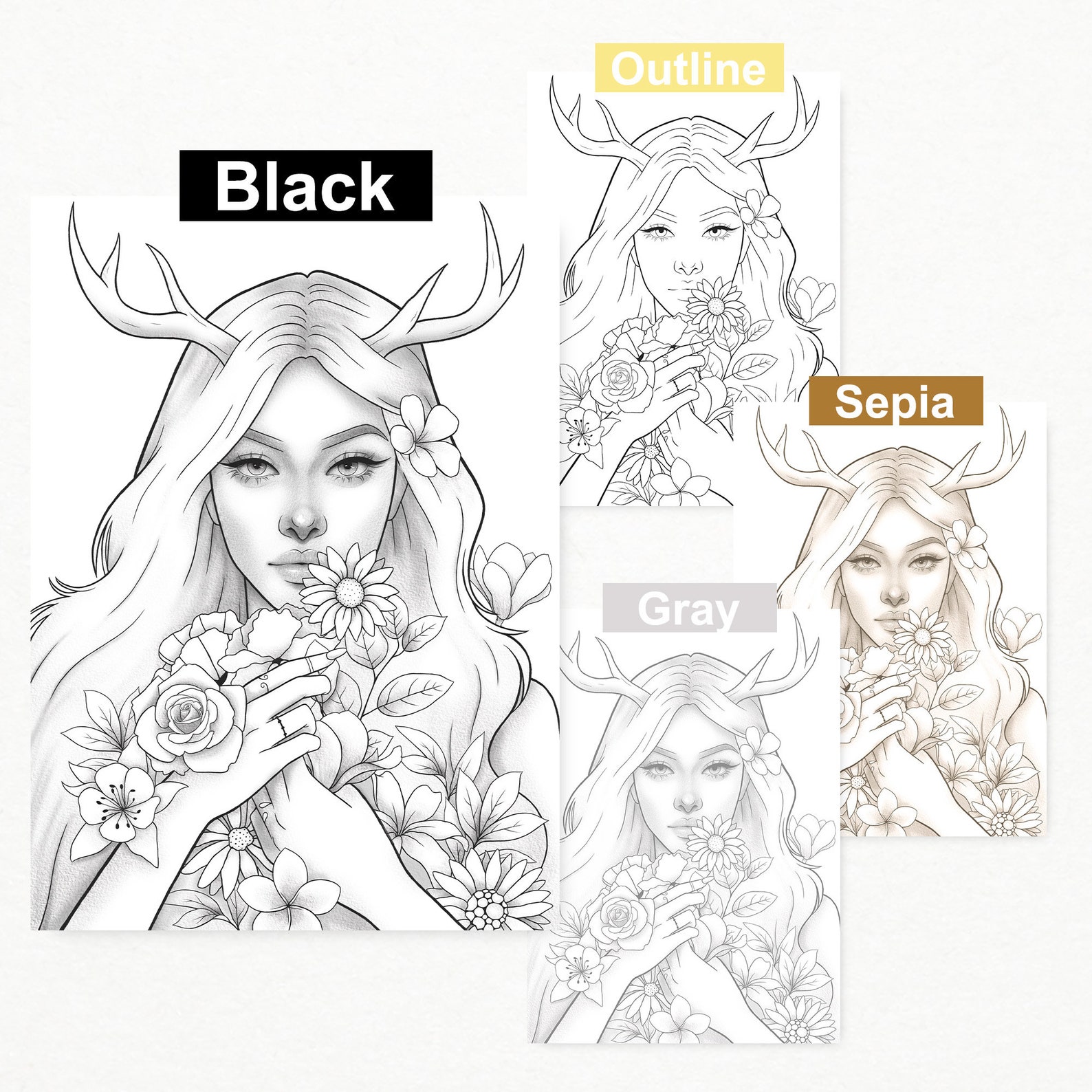 Printable Coloring Page Fantasy Floral Girl Portrait Etsy