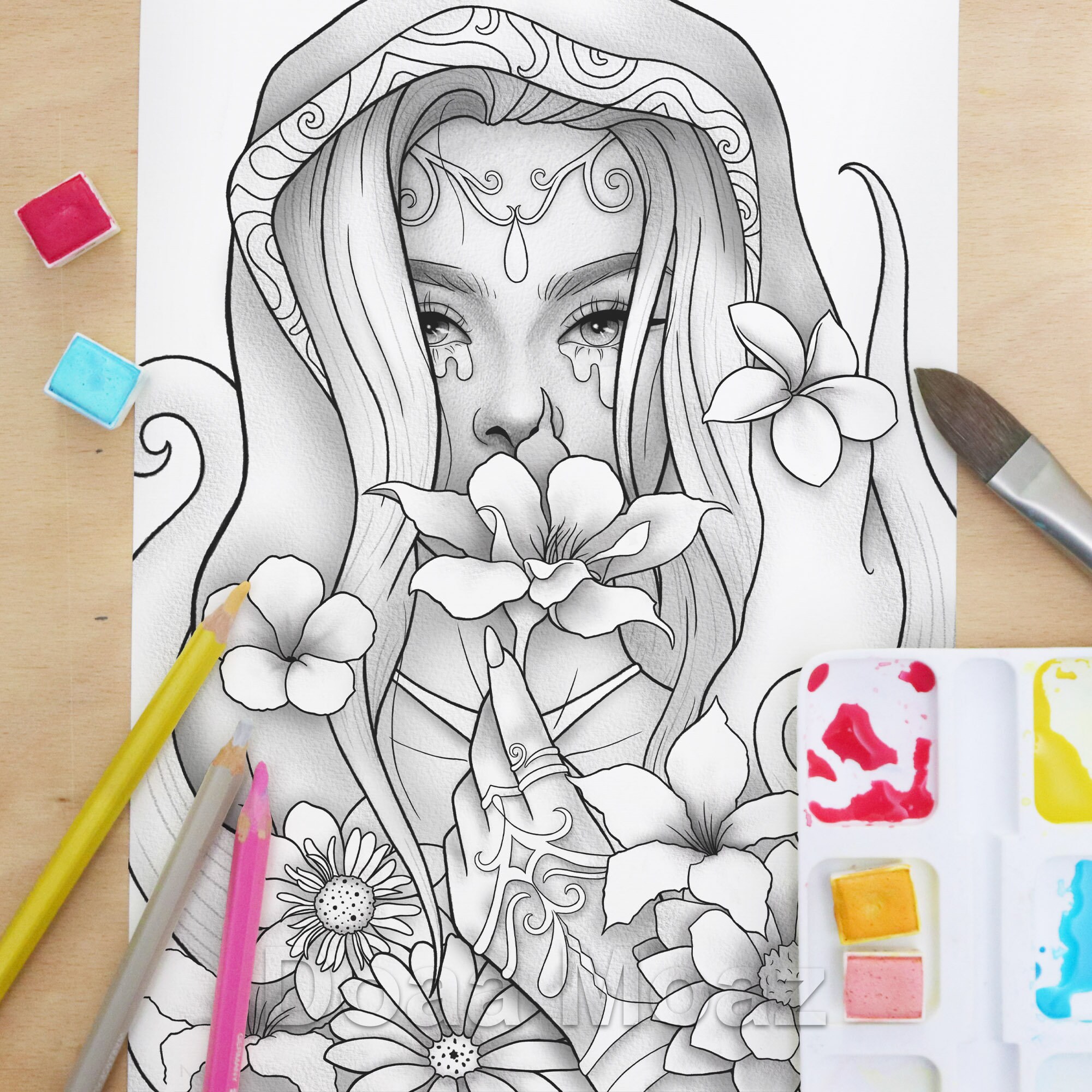 Printable Coloring Page Fantasy Floral Girl Portrait Etsy Sweden
