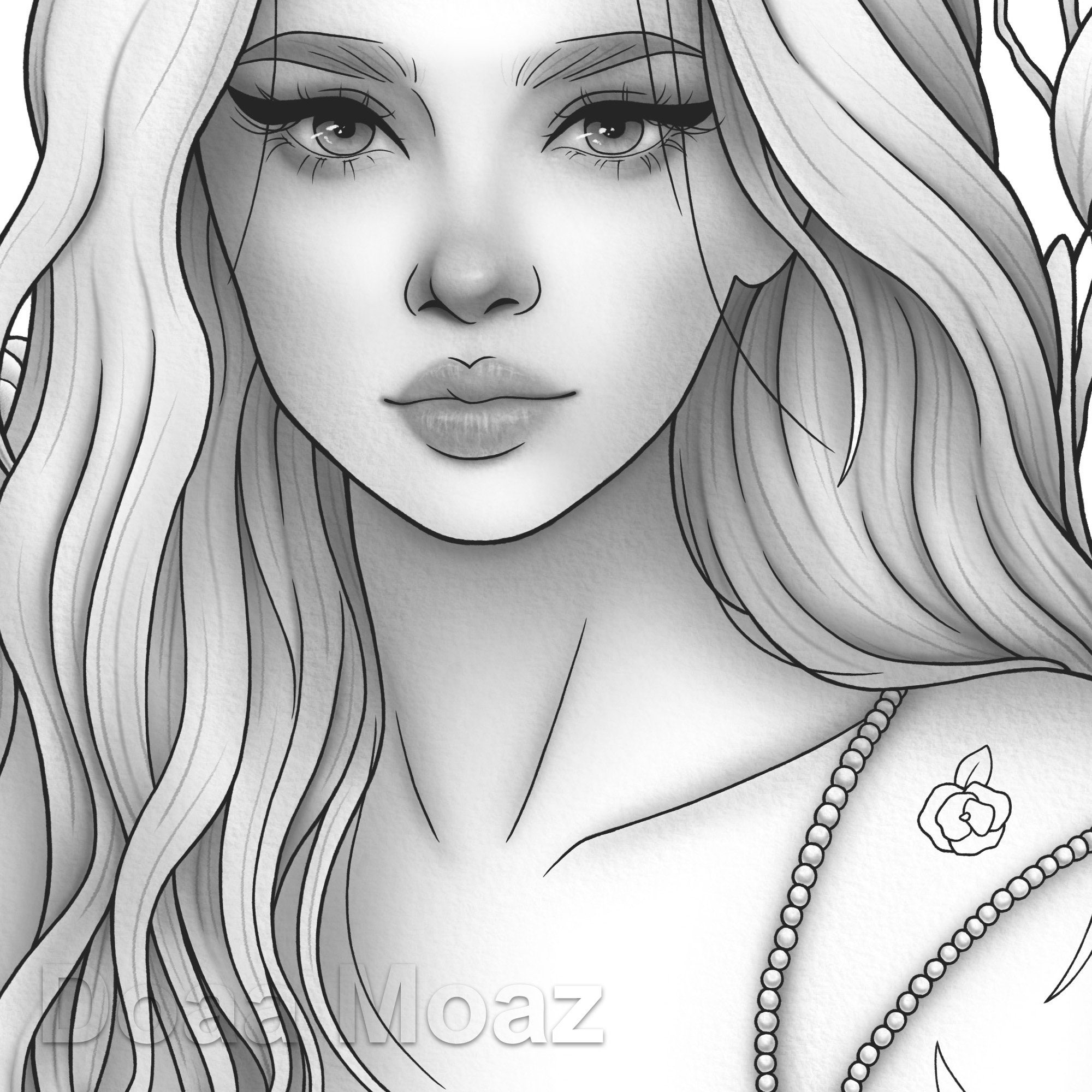Printable Coloring Page Fantasy Character Girl Floral Etsy