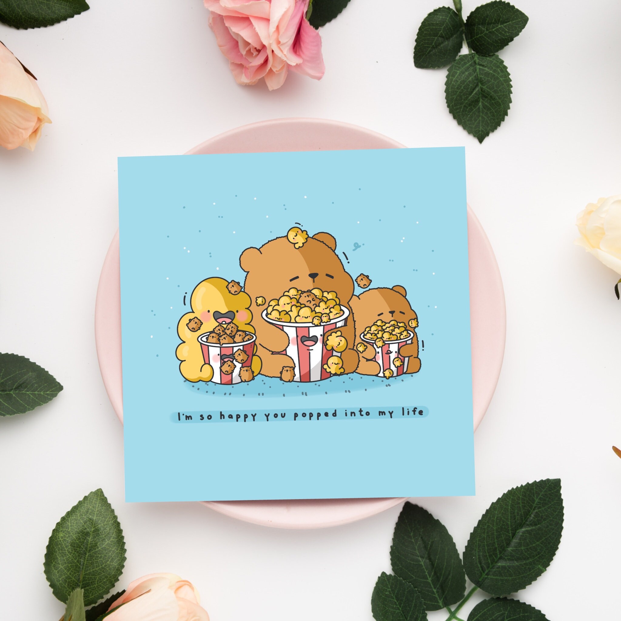 Cute Popcorn Bear Card Kawaii Bear Card Cards for Her | Etsy