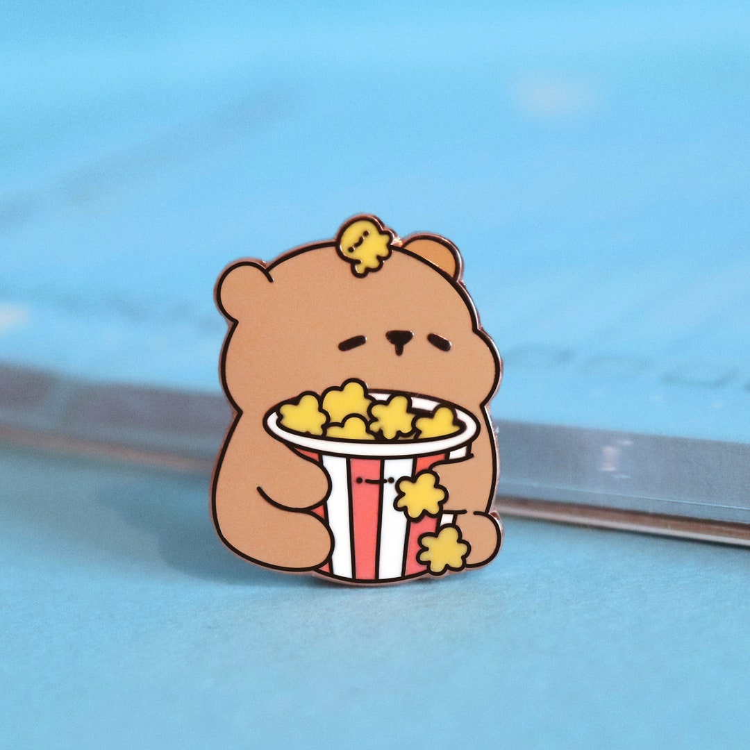 Popcorn Bear Enamel Pin | Kawaii Bear Pin | Rose Gold Bear | Hard ...