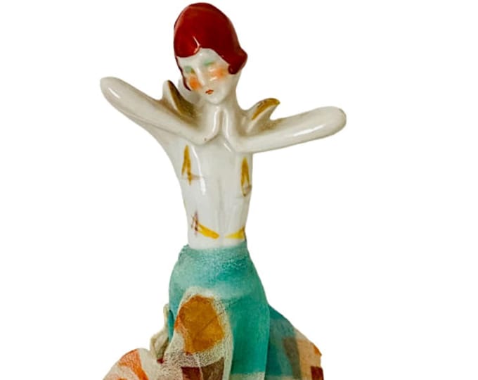 Art Deco 1920s German Porcelain Flapper Lady Half Doll on Silk Wand ...