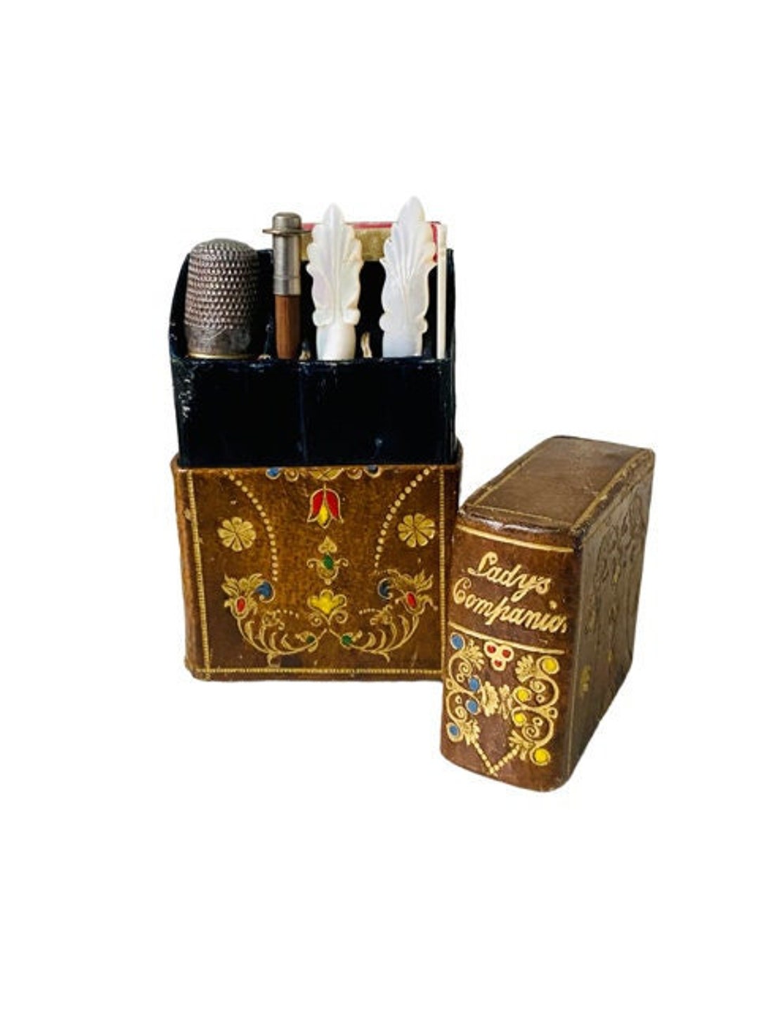 Antique Lady's Companion Book Form Tooled Leather Sewing Etui / Set ...