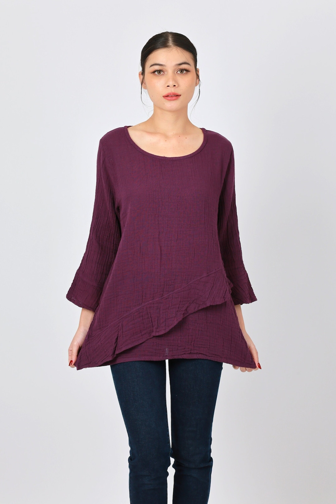 100% Crinkle Cotton Double Gauze Breathable Tunic Featuring a Ruffle ...