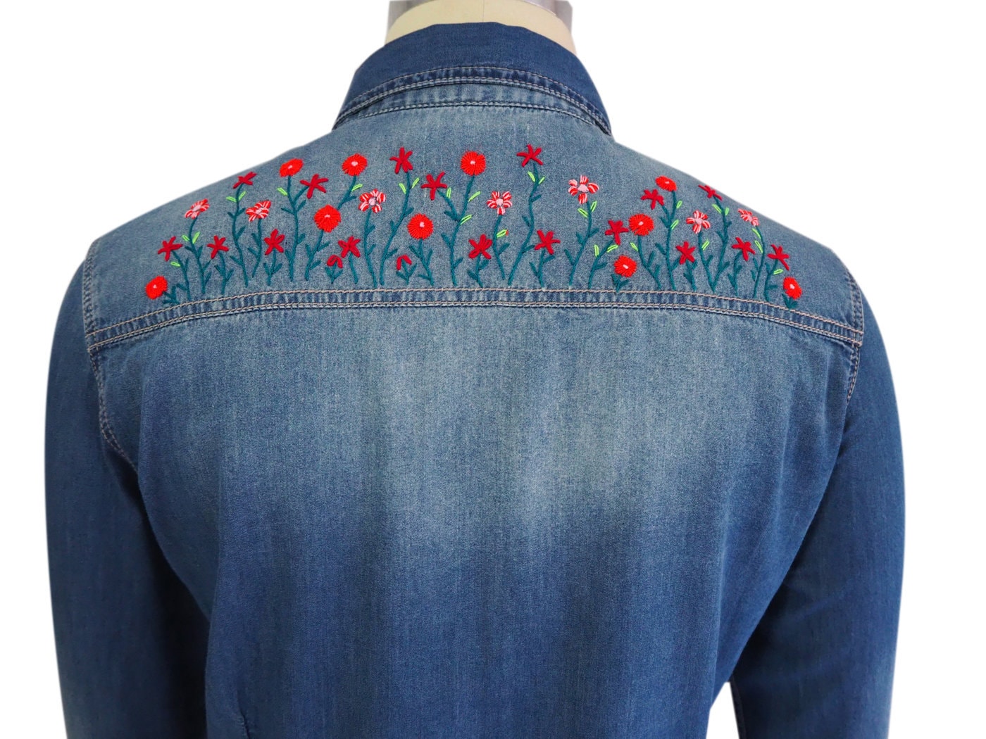 Women Denim Shirt Hand Embroidery, Button Down Denim Shirt, Women's Top ...