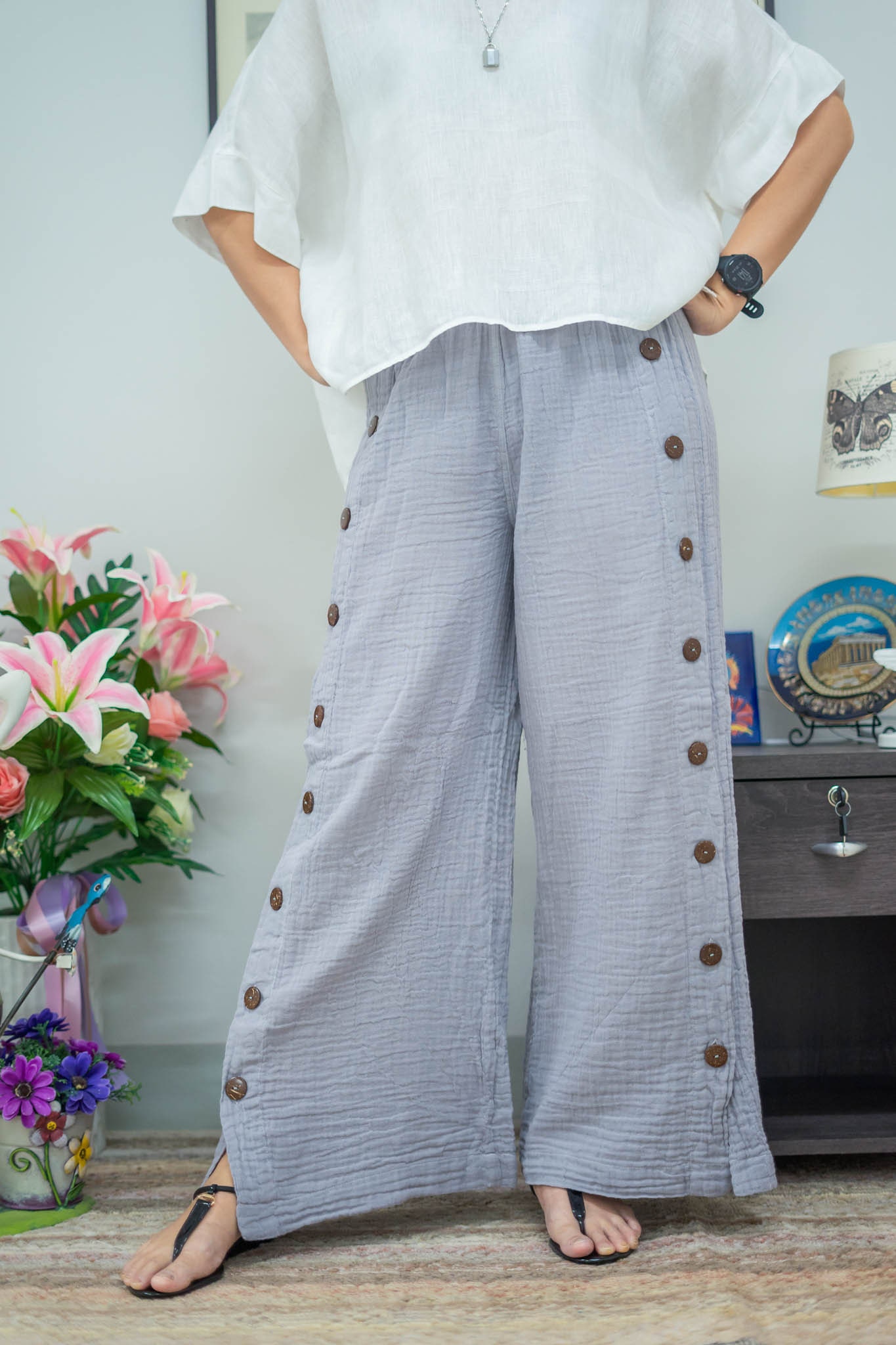 High Waisted Side Button Wide Leg Pants, Cotton Double Gauze Pants With ...