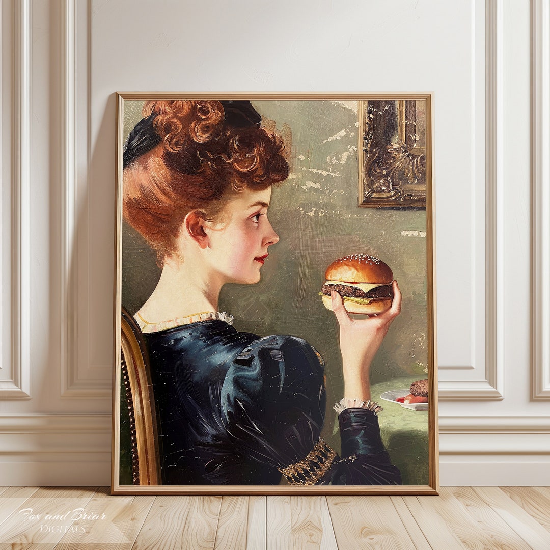Elegant Lady With Cheeseburger Funny Art Print | Oil Painting Wall Art ...