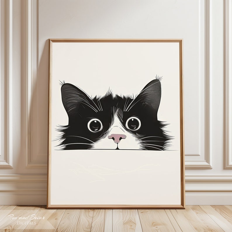 Peeking Cat Art Print | Cute Funny Wall Art | Black Cat | Vintage Print ...