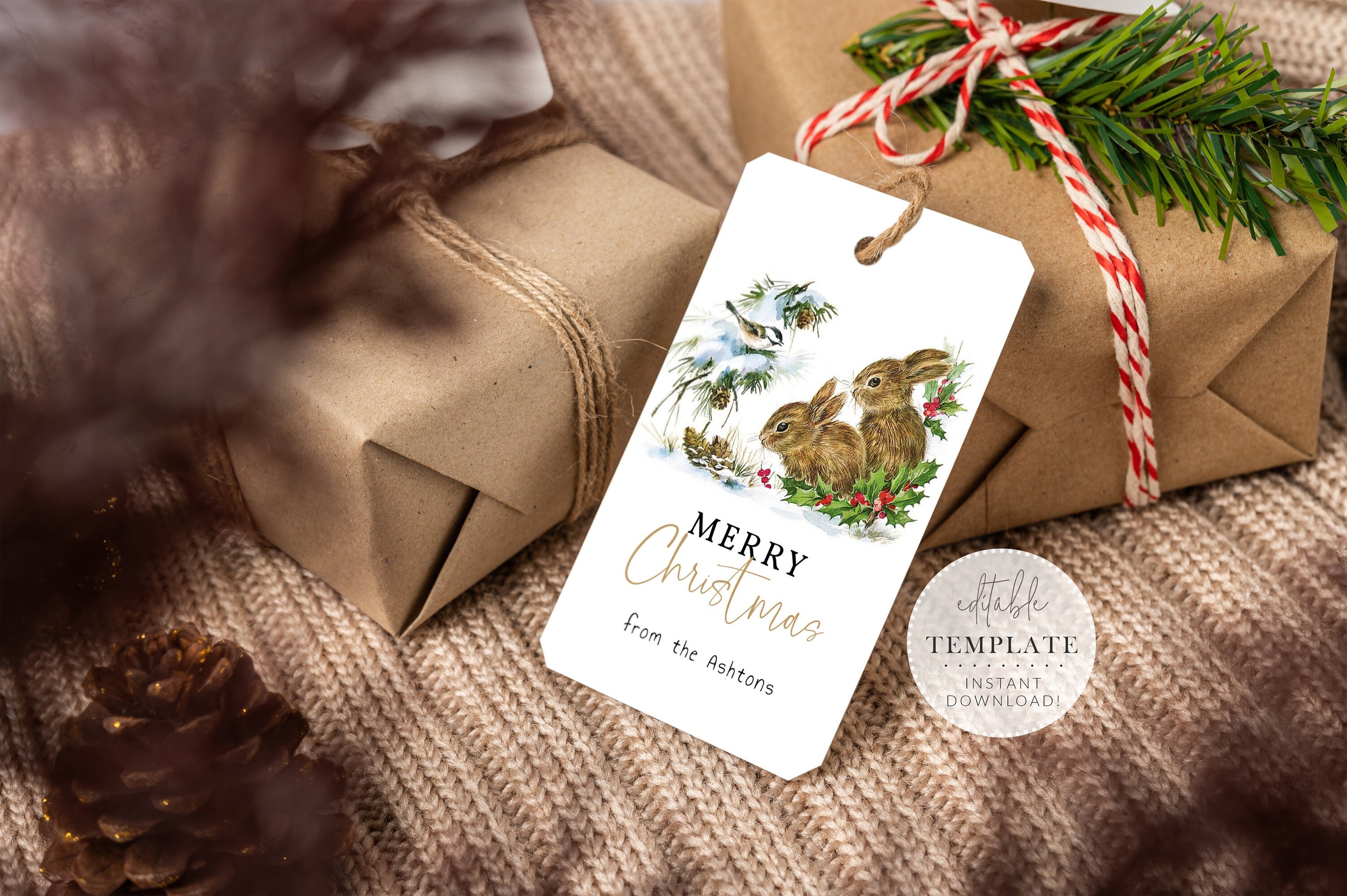 Printable Christmas Gift Tag, Rabbit Vintage Tags, Holiday Gift Tags ...