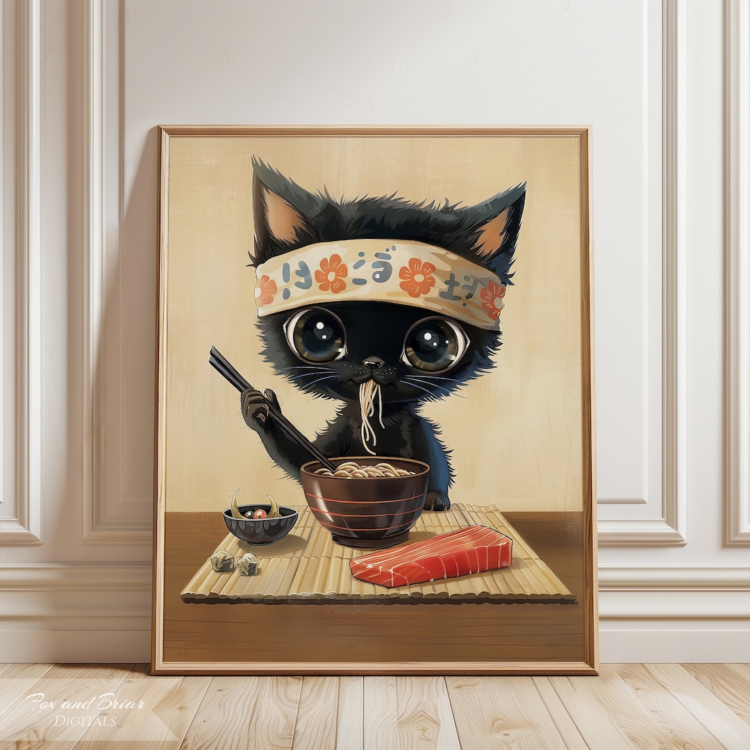 Noodle Black Cat Wall Art Tokyo Art Print Ramen Noodles Anime Art ...
