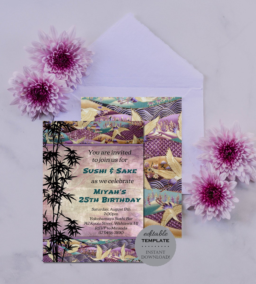 Japanese Oriental Birthday Invitation, Bamboo Purple Editable ...