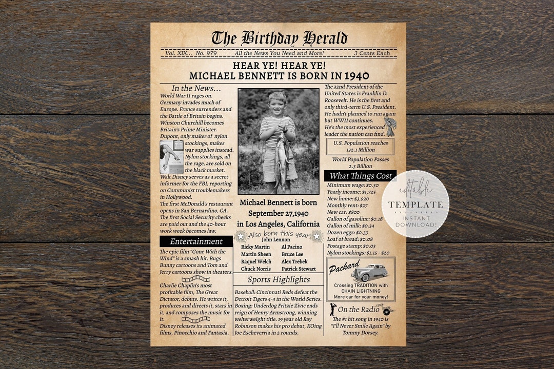84th Birthday NEWSPAPER Poster, Personalized 84th Birthday Idea, Back ...