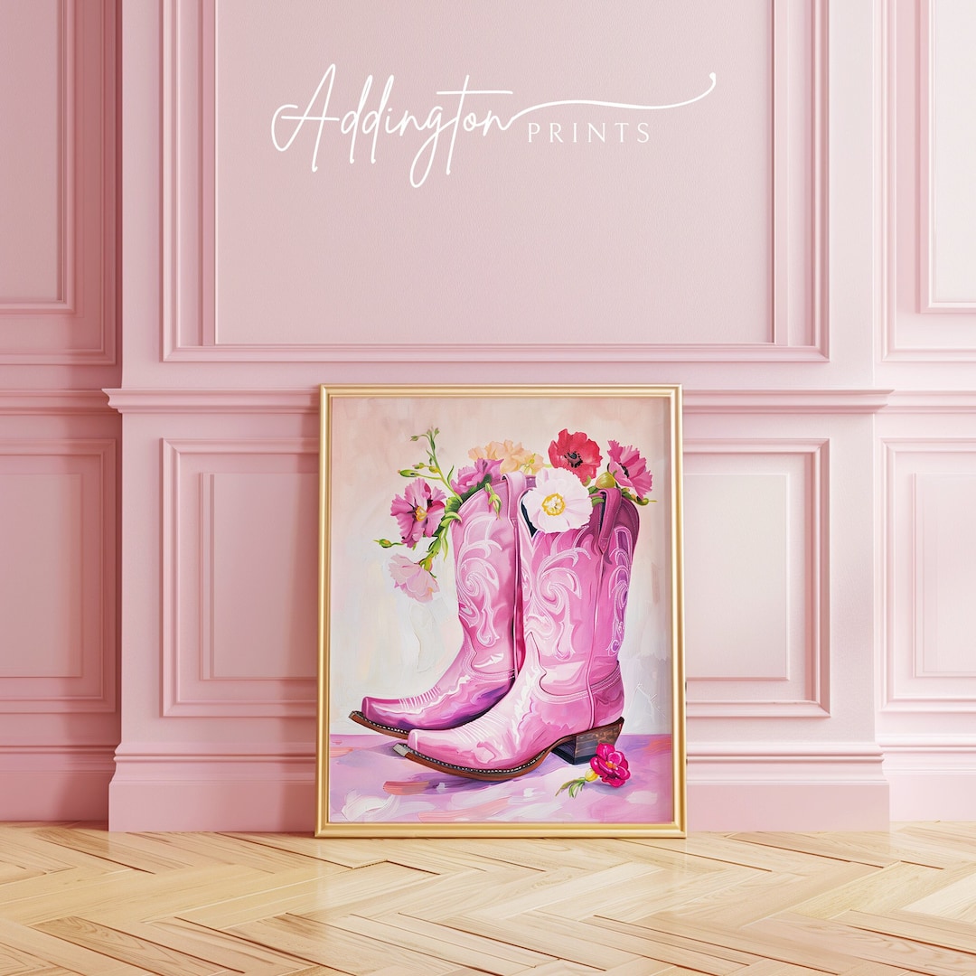 Pink & Preppy Cowgirl Boots Art Print | Girly Trendy Wall Art | Cowgirl ...