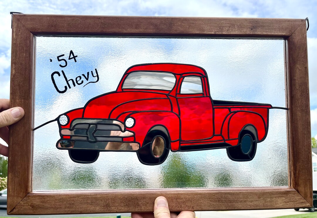 Vintage Stained Glass Window Panel - Handcrafted Chevy Truck With ...